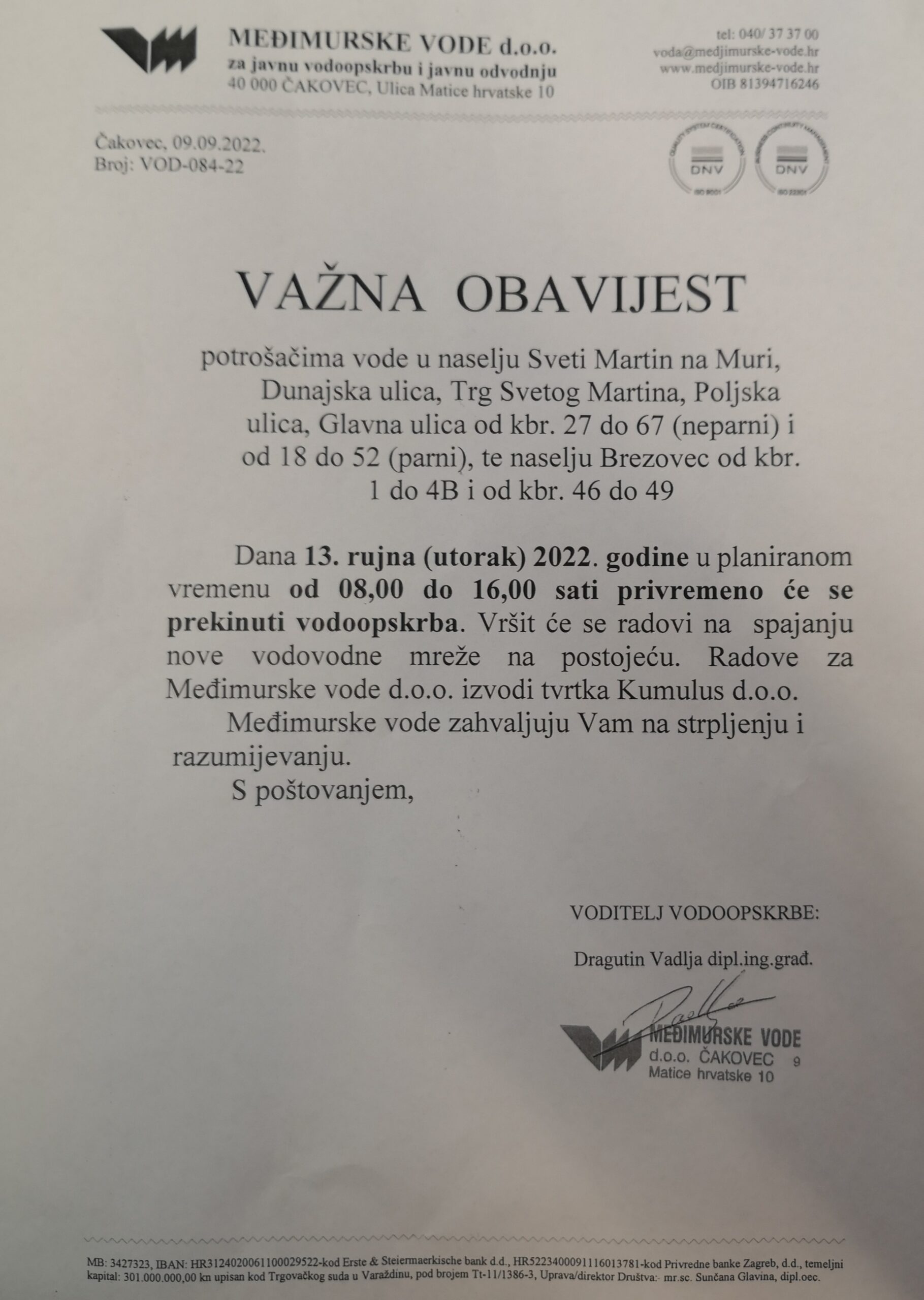 VAŽNA OBAVIJEST – PRIVREMENI PREKID VODOOPSKRBE U UTORAK 13.9.2022. – Osnovna škola Sveti Martin ...